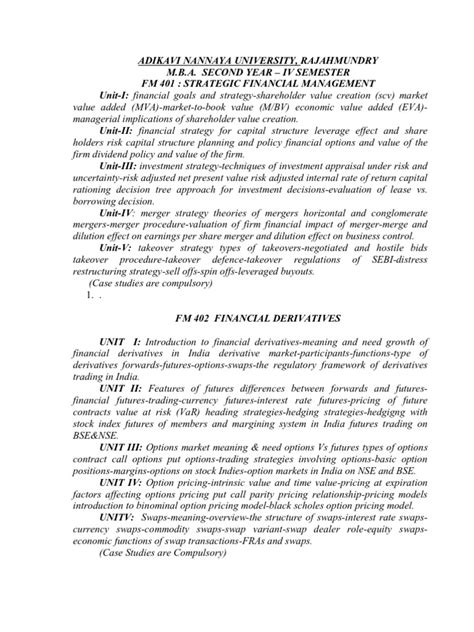 Adikavi Nannaya University Mba 4th Sem Syllabus Pdf Option Finance