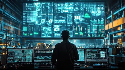 Technician Monitoring Advanced Data Center With Multiple Screens And Digital Interfaces