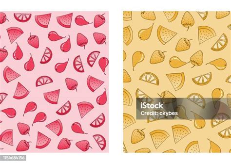 레몬 수 박 오렌지와 배경으로 육즙 딸기 패턴의 집합입니다 귀여운 벡터 배경입니다 밝은 여름 과일 그림입니다 패브릭과 장식을 위한 과일 믹스 디자인 0명에 대한 스톡 벡터