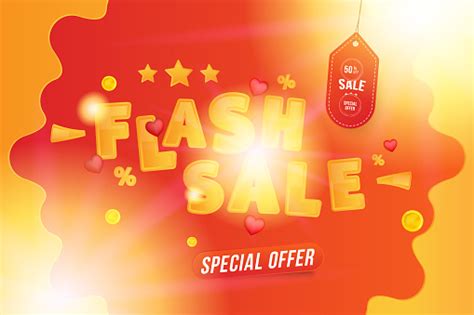 50 스페셜 오퍼의 플래시 세일 구름과 조명 효과와 배경에 빨간 하트와 뜨거운 할인 및 원래 글꼴 수평 웹 배너 플랫 벡터 일러스트 Eps10 개성 개념에 대한 스톡 벡터