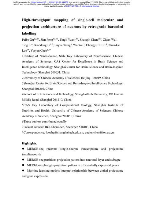 PDF High Throughput Mapping Of Single Cell Molecular And Projection Architecture Of Neurons By