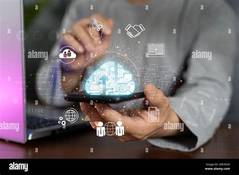 Man Use Laptop With Cloud Computing Diagram Show On Hand Cloud Technology Data Storage
