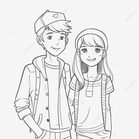 लड़की और लड़का रंग पेज स्केच ड्राइंग की रूपरेखा तैयार करते हैं वेक्टर रोमांटिक जोड़ी ड्राइंग
