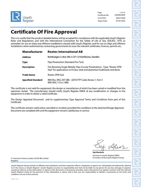 Certificate Of Fire Approval Manufacturer Roxtec International Ab