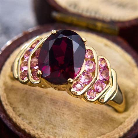 Oval Cut Garnet Ring W Pink Tourmaline Accents In 14k Yellow Gold