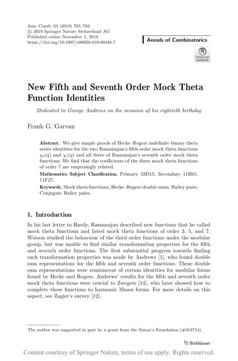 New Fifth And Seventh Order Mock Theta Function Identities Request Pdf