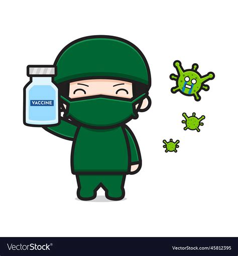 Cute Doctor Holding Virus Vaccine Cartoon Icon Vector Image