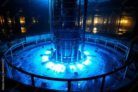 Blue Glow Water Of Nuclear Reactor Core Powered Caused By Cherenkov