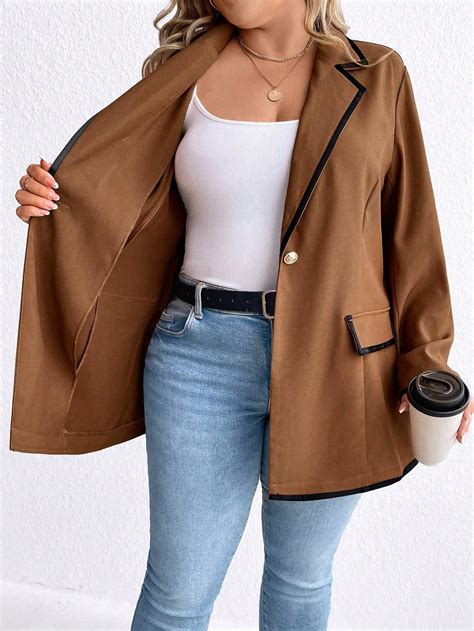 Plus Size Womens Single Button Blazer With Flap Pocket Design Shein Usa