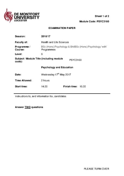 PSYC3160 Exam 2017 Sheet 1 Of 2 Module Code PSYC PLEASE TURN OVER EXAMINATION PAPER Session
