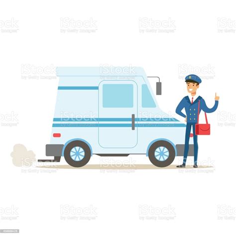 메일 제공 미소로 우체부 의무 자동차와 파란색 유니폼에 우편 배달 부 남자에 대한 스톡 벡터 아트 및 기타 이미지 남자 만화 미소 Istock
