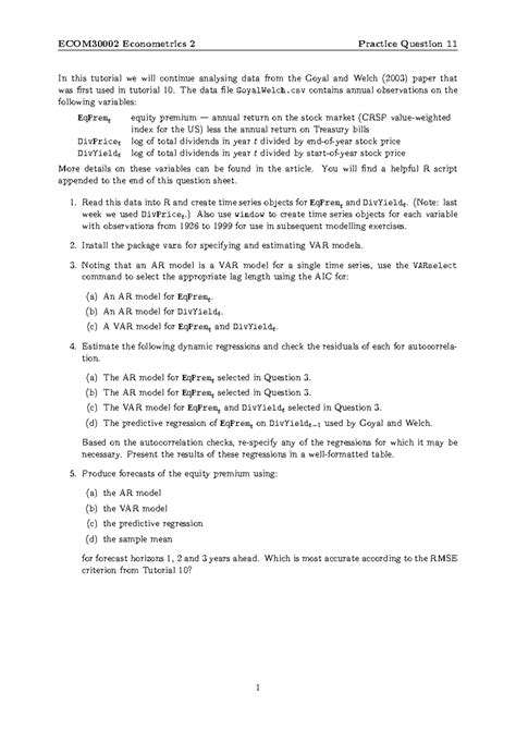 Practice Question 11 Tutorial 11 Ecom30002 Econometrics 2 Practice Question 11 In This