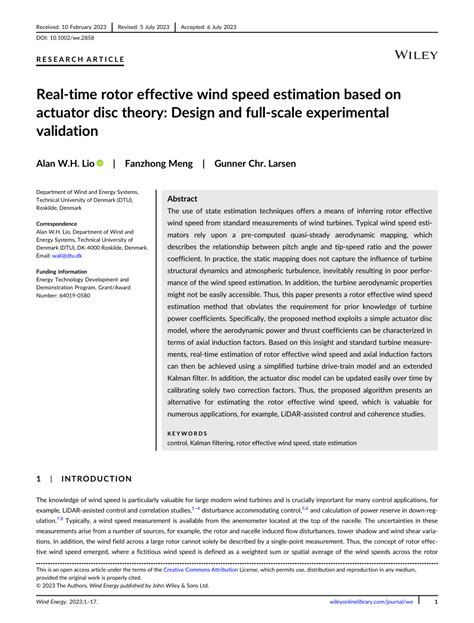Pdf Real‐time Rotor Effective Wind Speed Estimation Based On Actuator Disc Theory Design And