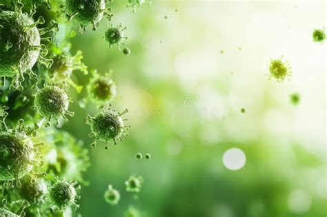 Microscopic View Of Viruses In A Green Environment Illustrating Cellular Structures Stock