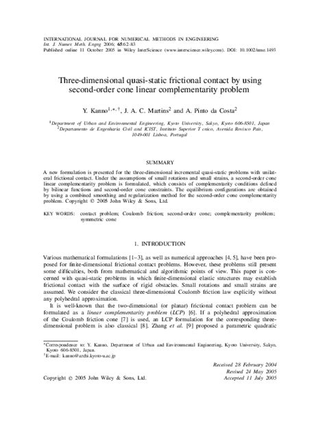 Pdf Three Dimensional Quasi Static Frictional Contact By Using Second Order Cone Linear