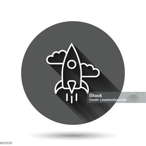 플랫 스타일의 로켓 아이콘 긴 그림자 효과와 검은 둥근 배경에 우주선 발사 벡터 그림 스푸트니크 서클 버튼 비즈니스 컨셉 Launch Party에 대한 스톡 벡터 아트 및