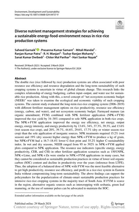 Diverse Nutrient Management Strategies For Achieving A Sustainable Energy‑food‑environment Nexus