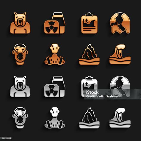 높은 인체 온도 지구 온난화 쓰나미 빙산 얼굴 보호 마스크 북극곰 머리 및 원자력 발전소 아이콘을 설정합니다 벡터 건강 진단에 대한 스톡 벡터 아트 및 기타 이미지 Istock