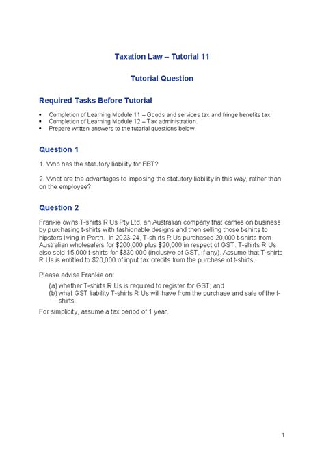 Tutorial 11 Tutorial Questions Taxation Law Tutorial 11 Tutorial Question Required Tasks