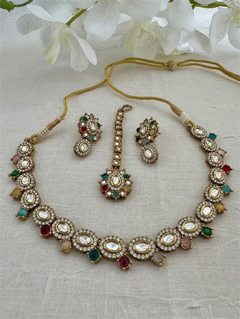 Indian Wedding Antique Gold Bronze Navratan Multicolor Vintage Necklace Jhumka Earrings Mangtika