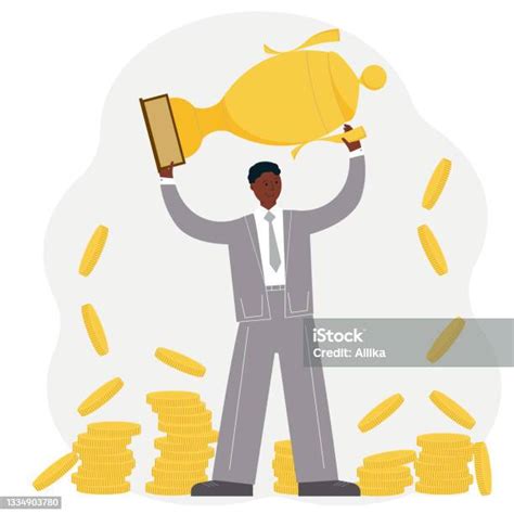 비즈니스 성공 성취 개념 컵과 금화의 배경에 대한 승리를 축하하는 남자 1위에 대한 스톡 벡터 아트 및 기타 이미지 1위 개념 경쟁 Istock