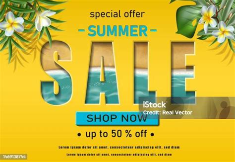 열대 꽃이 있는 노란색 여름 판매 배너 템플릿입니다 수평 방향 0명에 대한 스톡 벡터 아트 및 기타 이미지 0명 3차원 형태 계절 Istock