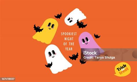 즐거운 할로윈 보내세요 과자 안 주면 장난칠 거예요 귀여운 할로윈 캐릭터 유령 박쥐가 있는 벡터 만화 카드 또는 웹사이트 배너