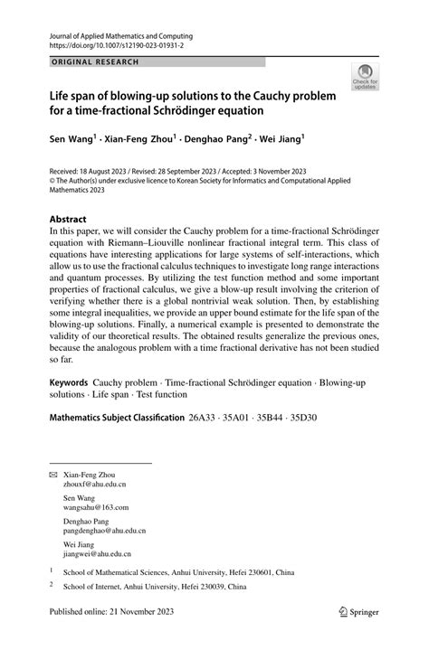 Pdf Life Span Of Blowing Up Solutions To The Cauchy Problem For A Time Fractional Schrödinger