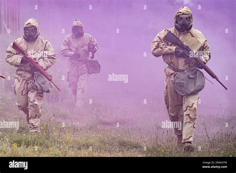 Soldiers Wearing Mission Oriented Protective Posture Mopp Gear Run To