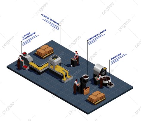 커피 산업 개념 생산 시설 바닥 벡터 일러스트 레이 션에 로스팅 기계 정렬 콩 처리의 아이소 메트릭 구성 경작 음주 익은