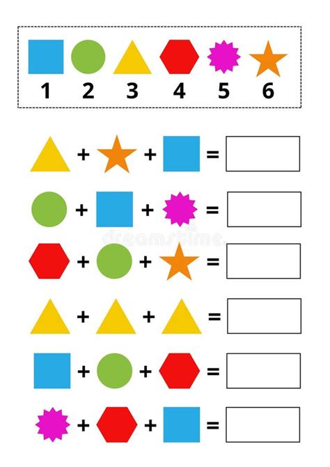 Shapes Plus Numbers Equal Learning Education Colorful Geometry Addition Practice Worksheet Stock