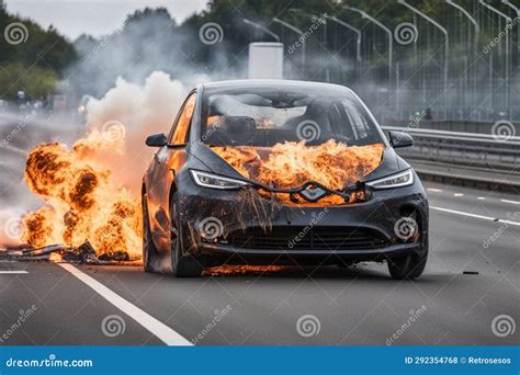 Electric Sport Car Ev Battery Explosion Burn Fire Flames Sunset In The