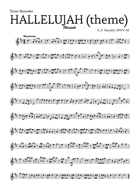 Aleluia Hallelujah Of The Messiah For Tenor Recorder And