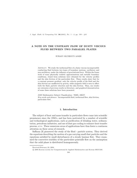 Pdf A Note On The Unsteady Flow Of Dusty Viscous Fluid Between Two Parallel Plates