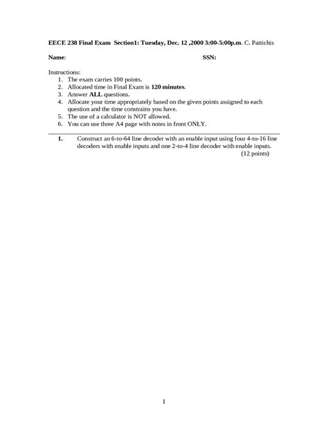Practice Final Exam Computer Logic Design Ece 238l Docsity