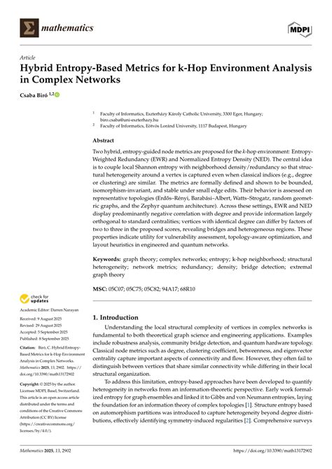 Pdf Hybrid Entropy Based Metrics For K Hop Environment Analysis In Complex Networks