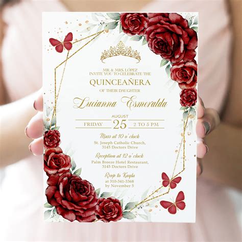 Invitación De Quinceañera Roja Y Dorada De Borgoña Plantilla Editable