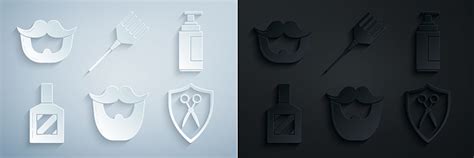 콧수염과 턱수염 크림 또는 로션 화장품 튜브 애프터 셰이브 가위 미용사 방패 헤어 브러시 및 아이콘을 설정합니다 벡터 3차원 형태에 대한 스톡 벡터 아트 및 기타 이미지