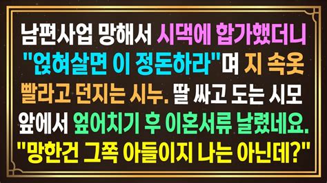 남편사업 망해서 시댁에 합가했더니얹혀살면 이 정돈하라며 지 속옷빨라고 던지는 시누 싸고 도는 시모앞에서 엎어치기 후 이혼서류 날렸네요망한건 그쪽 아들이지 나는