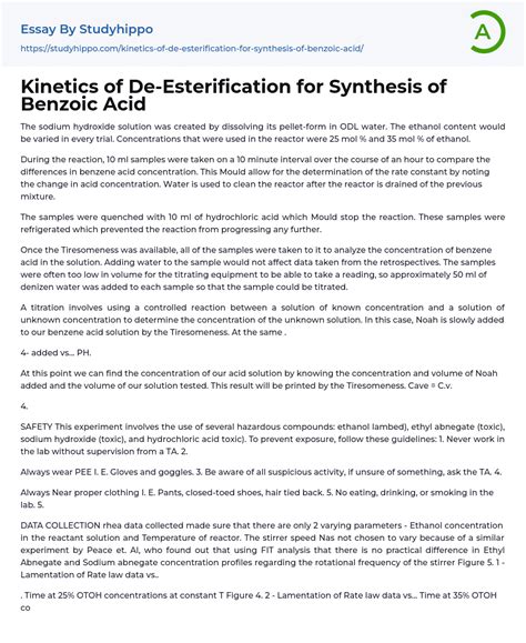 Kinetics Of De Esterification For Synthesis Of Benzoic Acid Essay