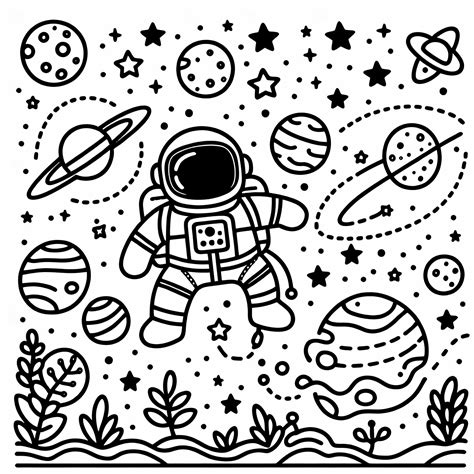 Stars And Planets With Astronaut Coloring Page Simple Free