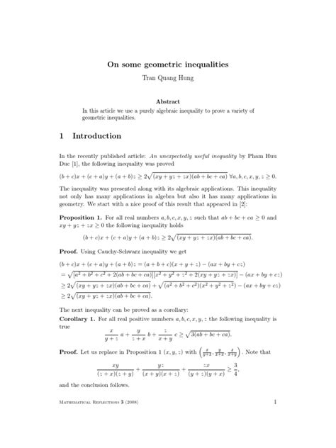 An Application Of Algebraic Inequalities To Geometric Problems Pdf Theorem Mathematics