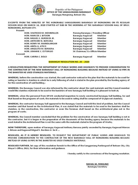 Resolution Request To Dpwh For Stainless Materials In The Banisters Pdf Philippines Government