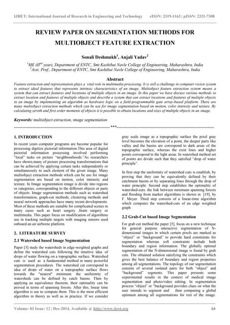 review paper on segmentation methods for multiobject feature extraction