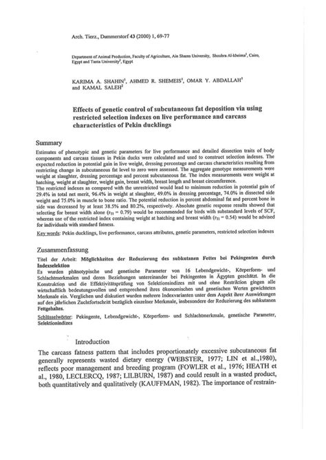 Pdf Effects Of Genetic Control Of Subcutaneous Fat Deposition Via