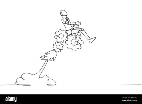 single one line drawing robot riding gear rocket flying in the sky