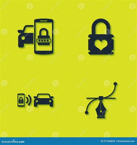 Set Smart Car Security System Bezier Curve Alarm And Padlock With Heart Icon Vector Stock