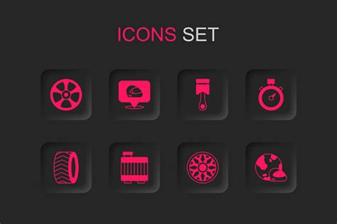 자동차 라디에이터 냉각 시스템 레이싱 헬멧 자동차 합금 휠 스톱워치 엔진 피스톤 및 타이어 아이콘을 설정합니다 벡터 계시기에 대한 스톡 벡터 아트 및 기타 이미지 Istock