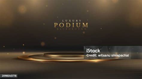 따뜻한 황금빛 앰비언트 라이트와 보케가 있는 우아한 시상식 연단 현대적인 제품 프레젠테이션 플랫폼 블랙 럭셔리 배경입니다 상에 대한 스톡 벡터 아트 및 기타 이미지 Istock