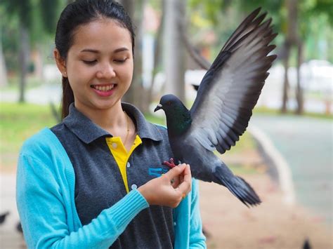 Premium Photo Smiling Young Woman Holding Bird At Park